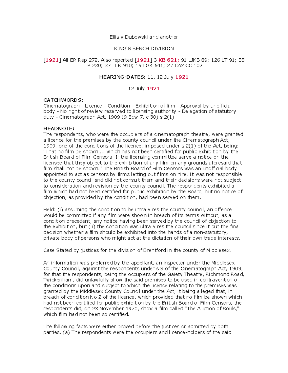 Ellis v Dubowski and another - Ellis v Dubowski and another KING'S ...
