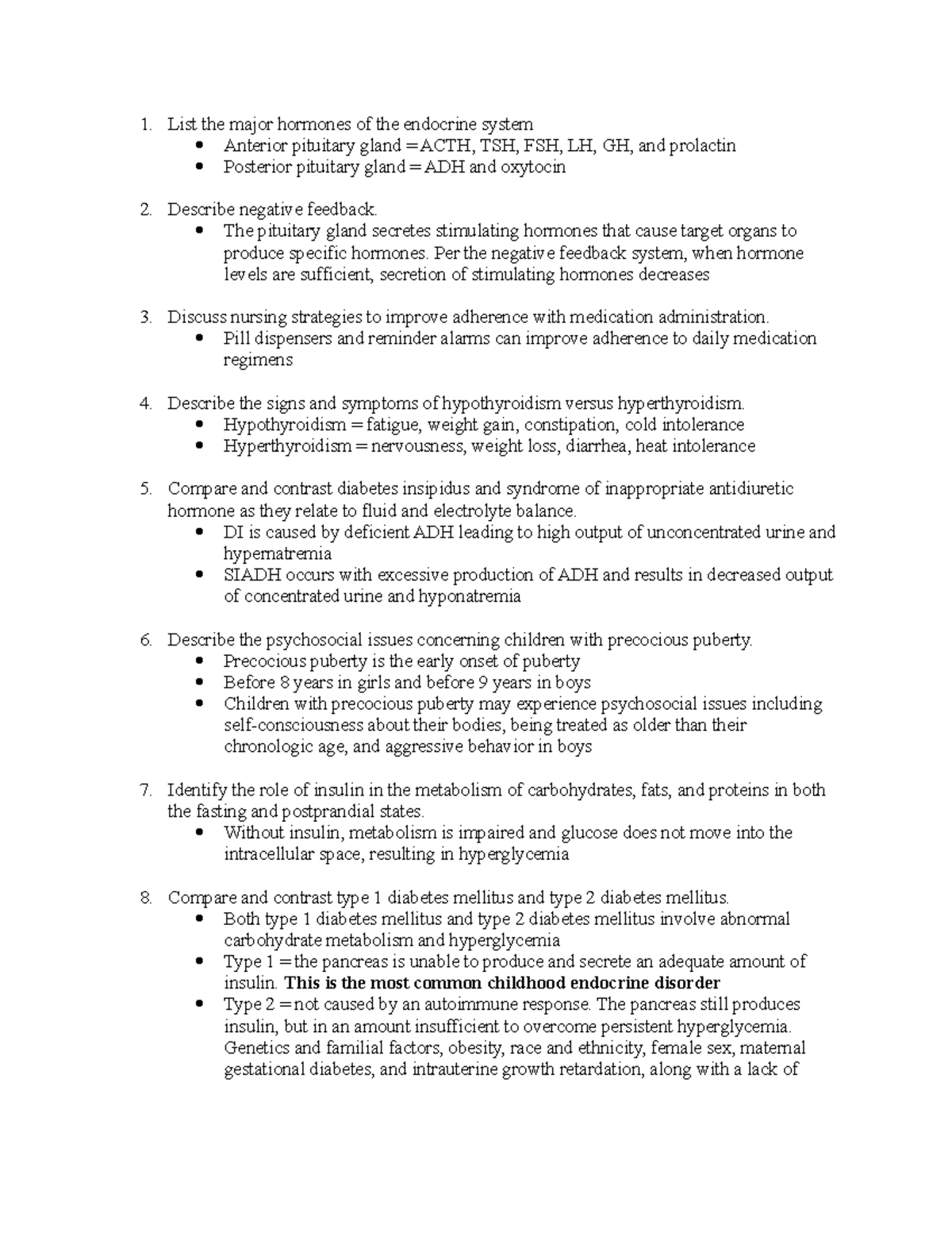 Peds Module 12 Notes - List the major hormones of the endocrine system ...