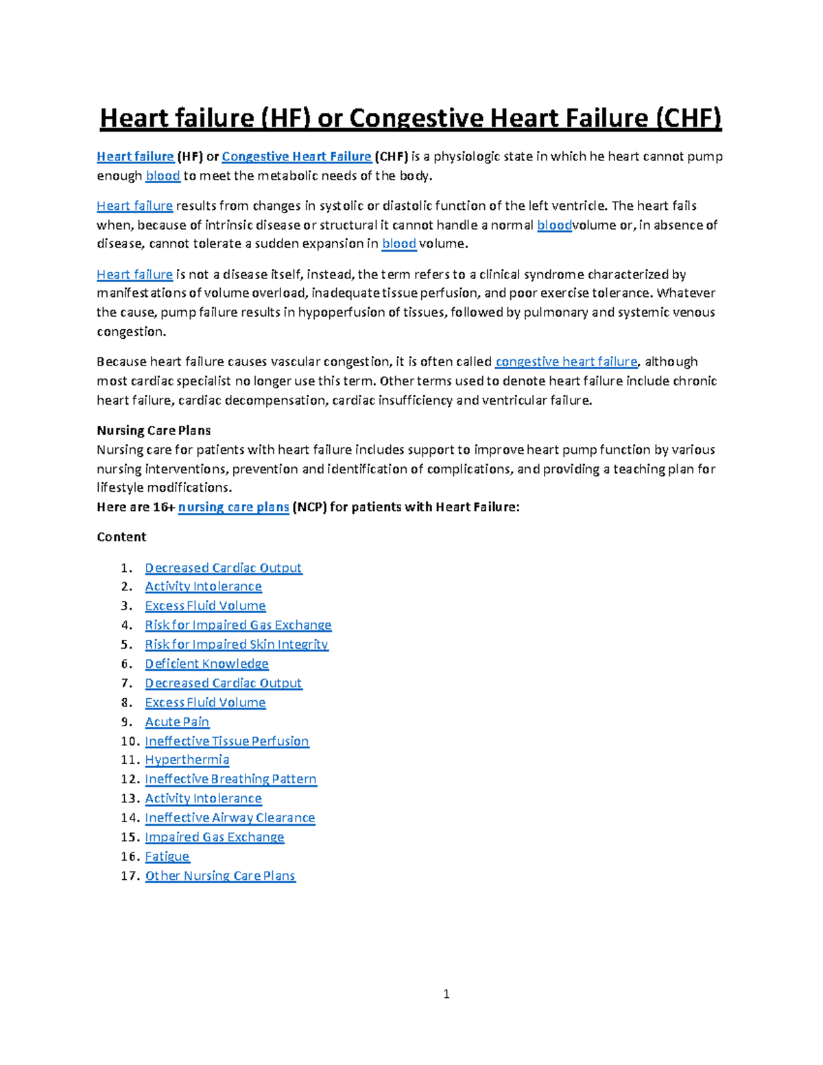 Heart failure Study Guide VAS Notes - Heart failure (HF) or Congestive ...