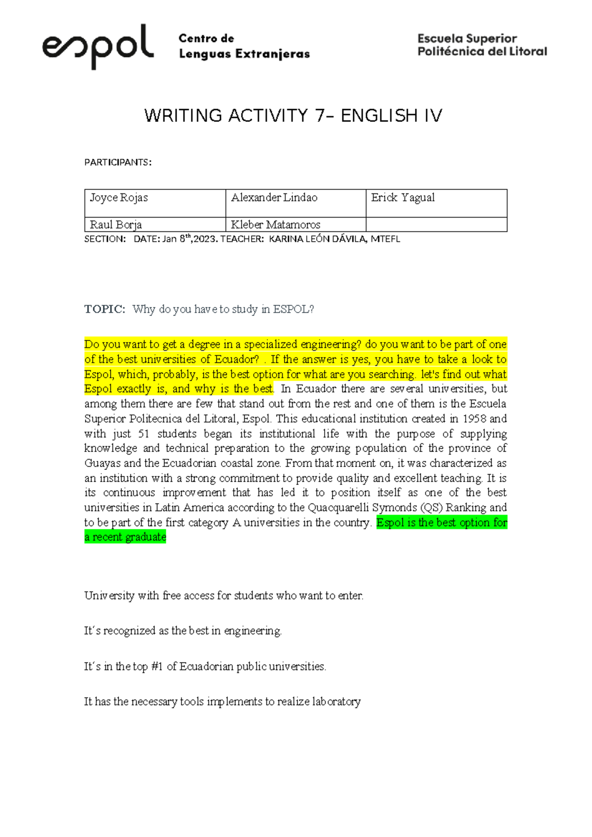 Writing Activity 7 Group 2 - WRITING ACTIVITY 7– ENGLISH IV ...