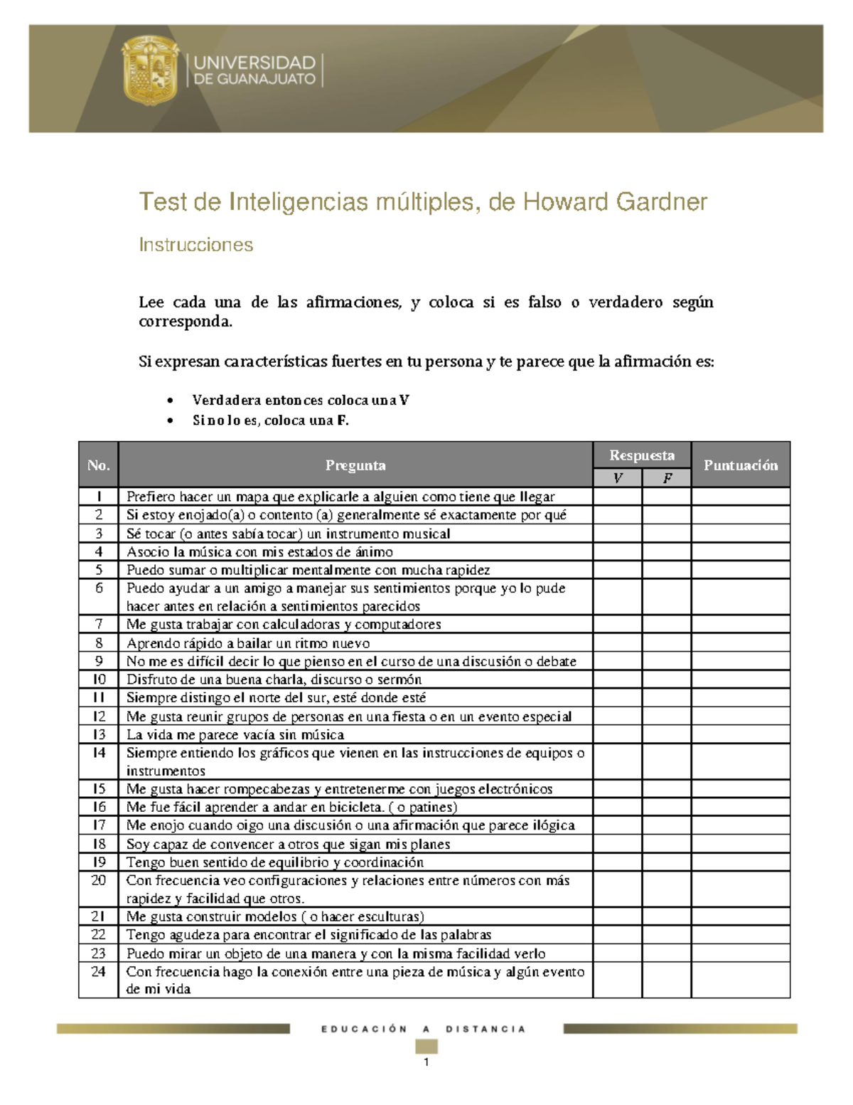 Test de inteligencias multiples - 1 Test de Inteligencias múltiples, de ...