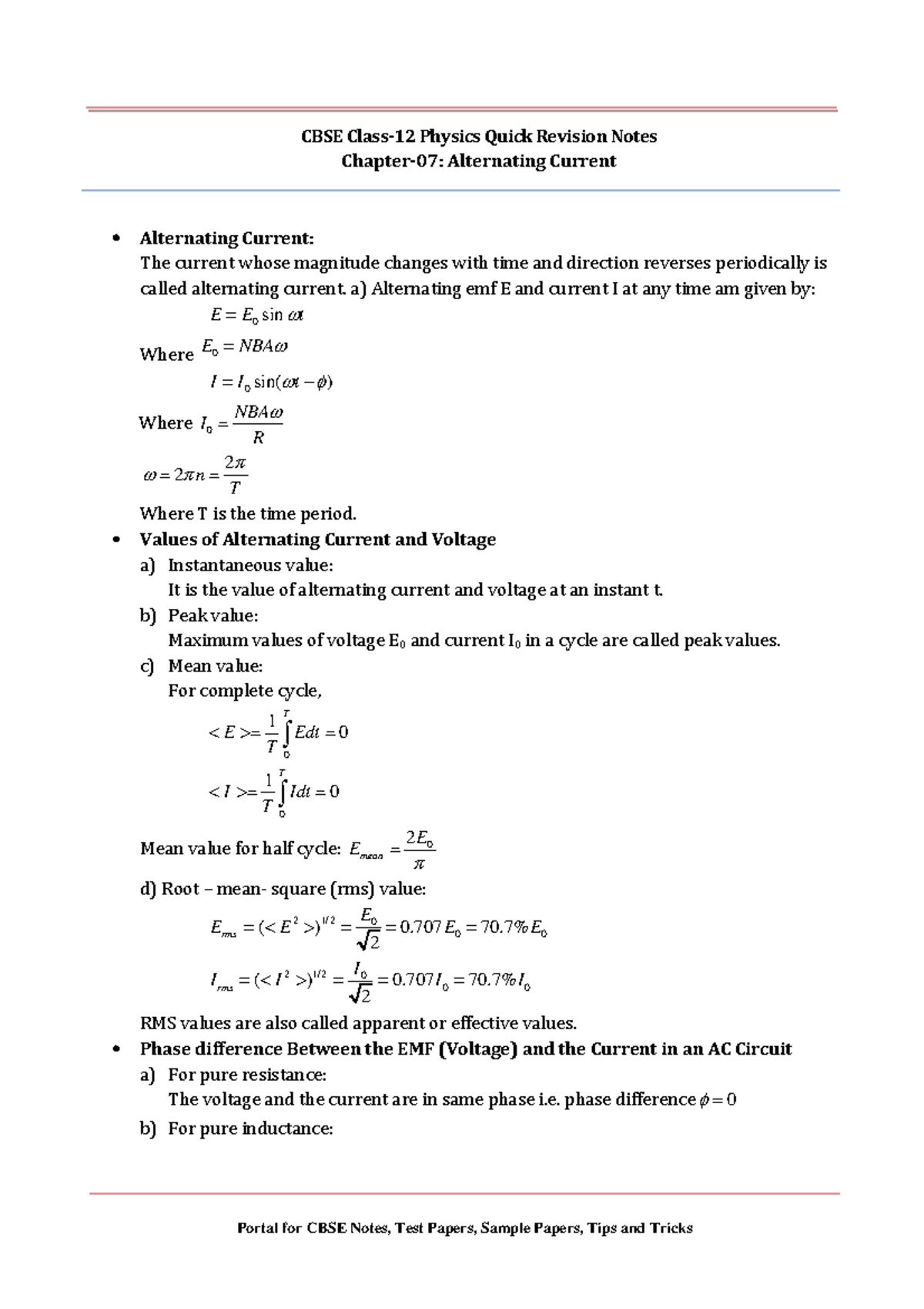 12 physics notes ch07 alternating current - CBSE Class-12 Physics Quick ...