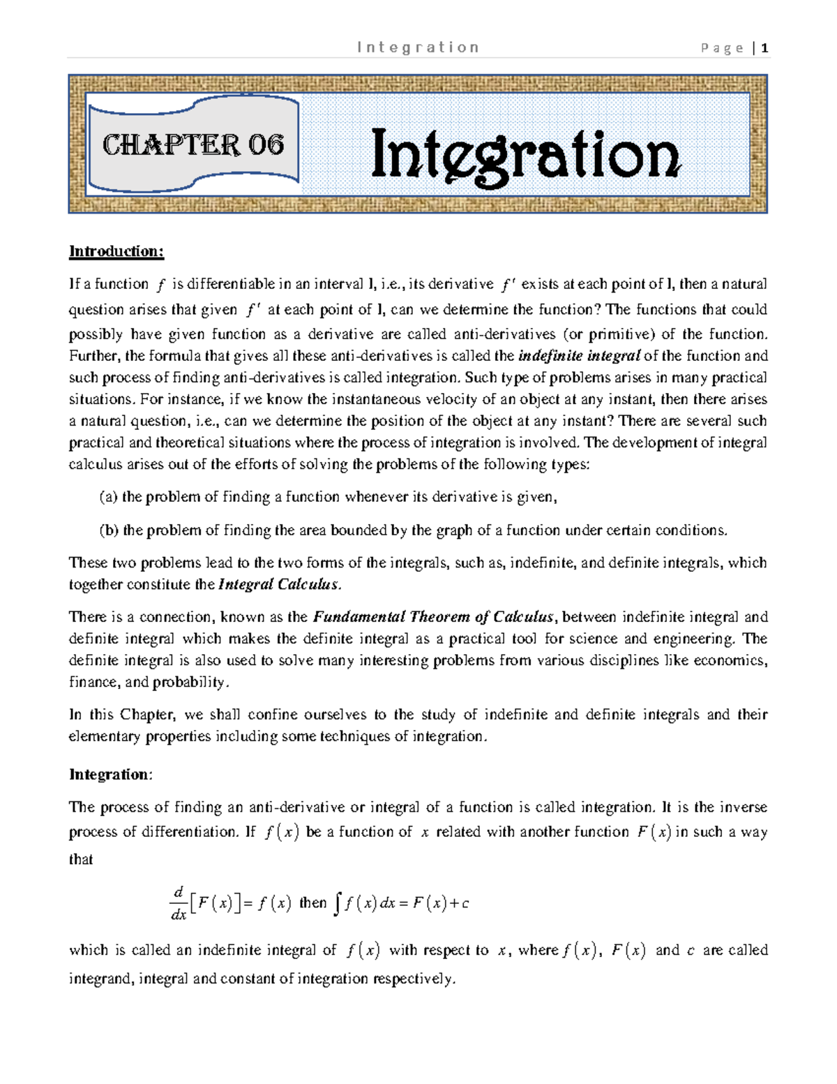 Chapter 06 (Integration) - Introduction: If a function f is ...