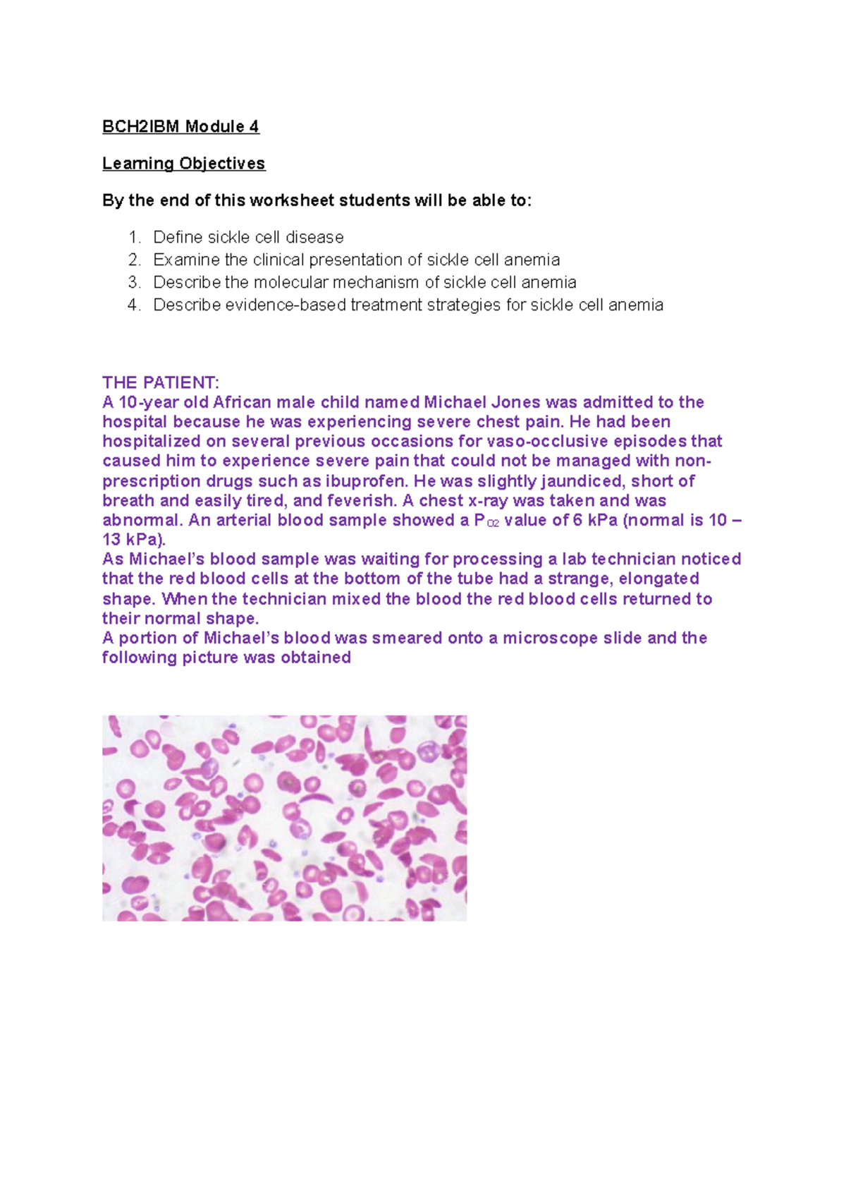 Sicklecell worksheet - BCH2IBM Module 4 Learning Objectives By the end ...