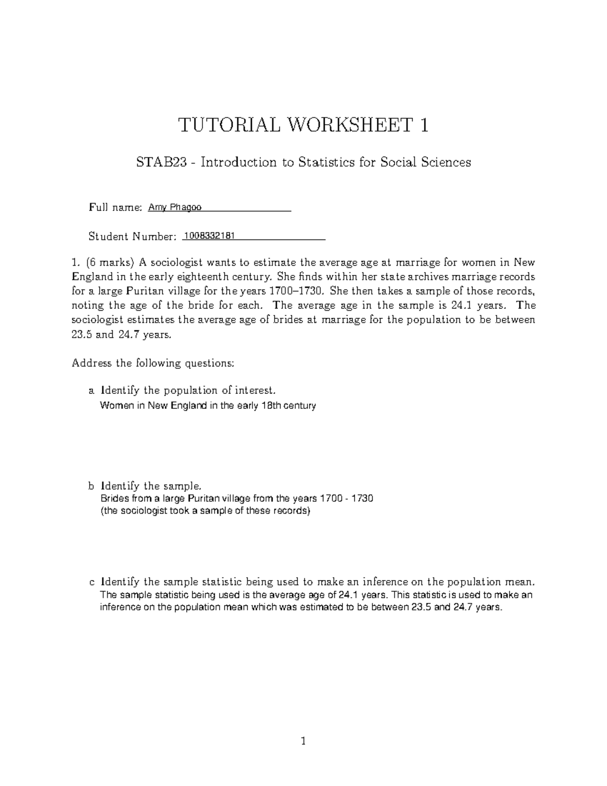 Tutorial 1 worksheet with answers - TUTORIAL WORKSHEET 1 STAB23 ...