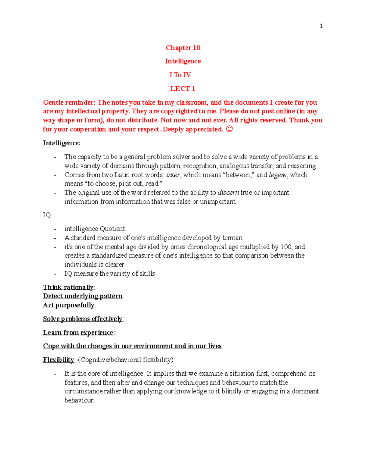 Chapter 10 - LEC 1 - Class Lecture Notes - Chapter 10 Intelligence I To ...