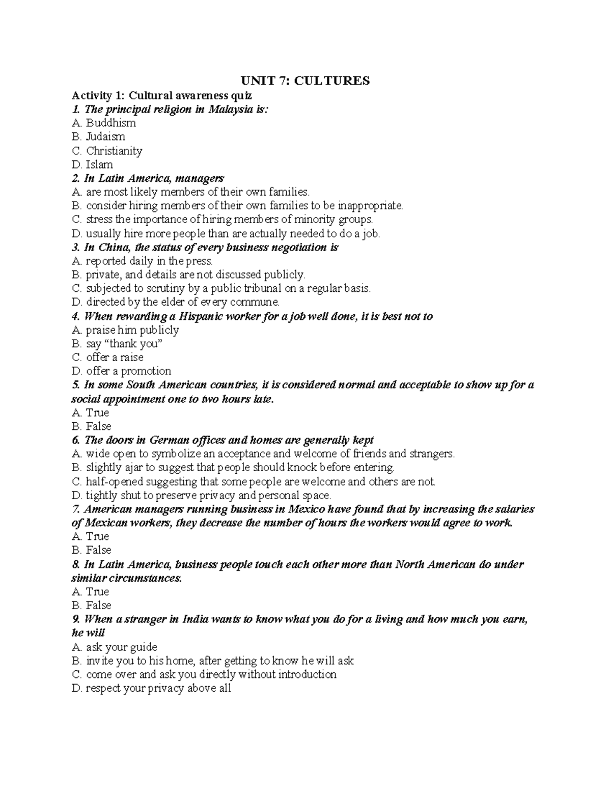 Reading 2 - UNIT 7: CULTURES Activity 1: Cultural awareness quiz 1. The ...