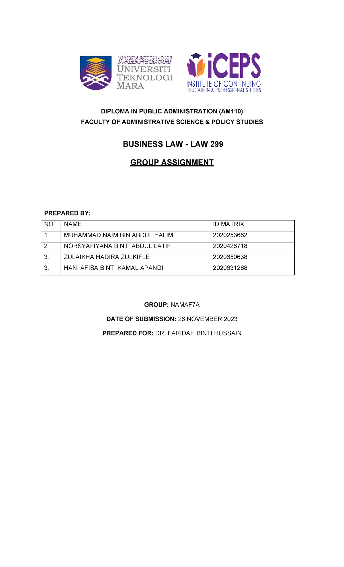 Business LAW - LAW 299 Group Assignment - DIPLOMA IN PUBLIC ...