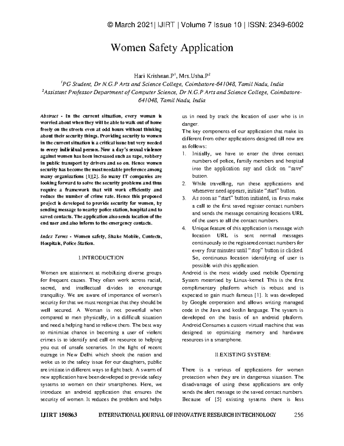 Wss - Women Safety Application Hari Krishnan 1 , Mrs.Usha 2 1 PG ...