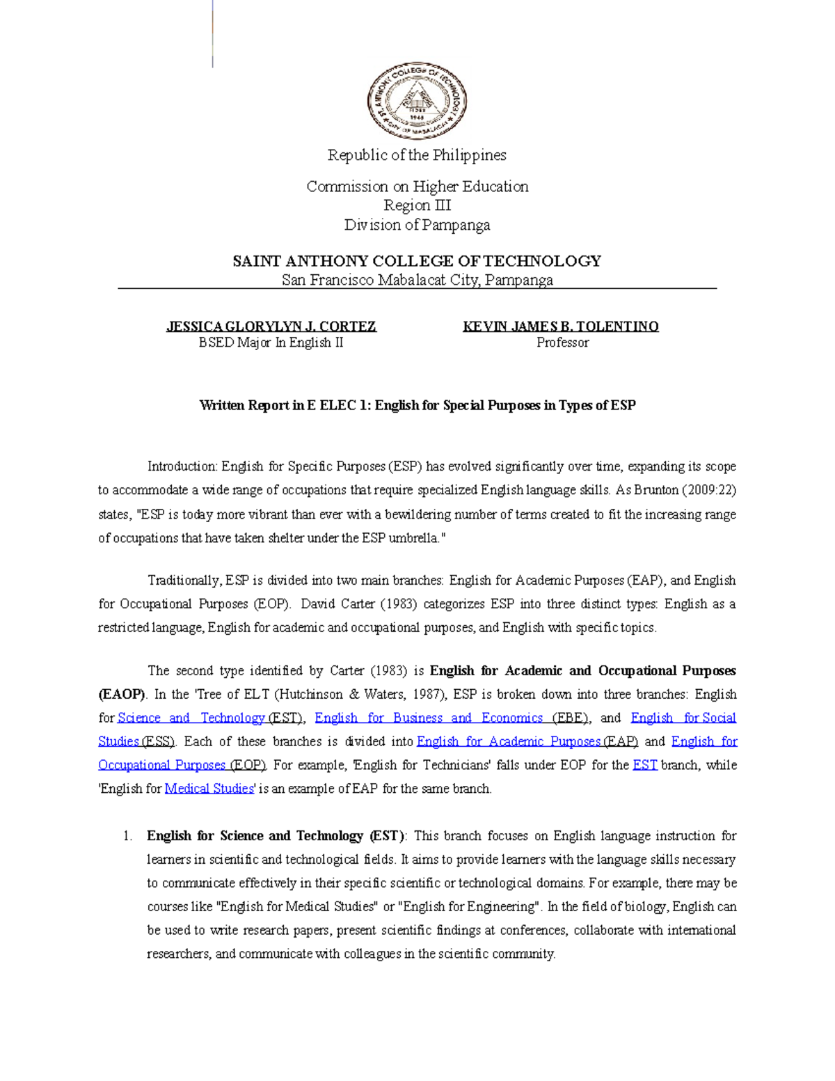 E ELEC 1-WR-C2 - REPORT-ESP - Introduction: English for Specific ...