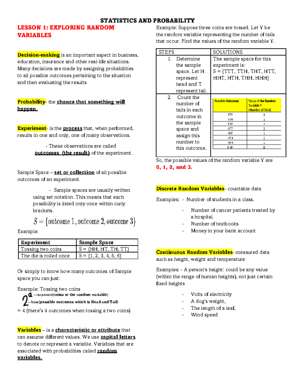 Statistics and Probability Reviewer - LESSON 1: EXPLORING RANDOM ...