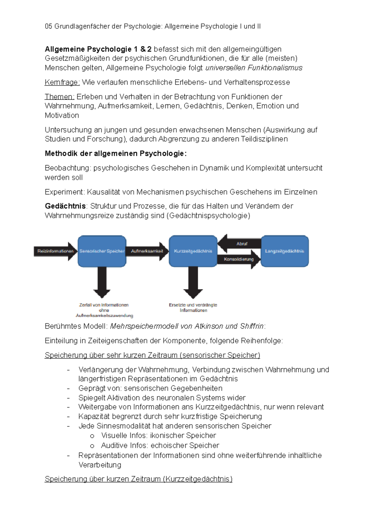 Allgeine Psychologie 1 und 2 - Allgemeine Psychologie 1 & 2 befasst sich mit den - Studocu