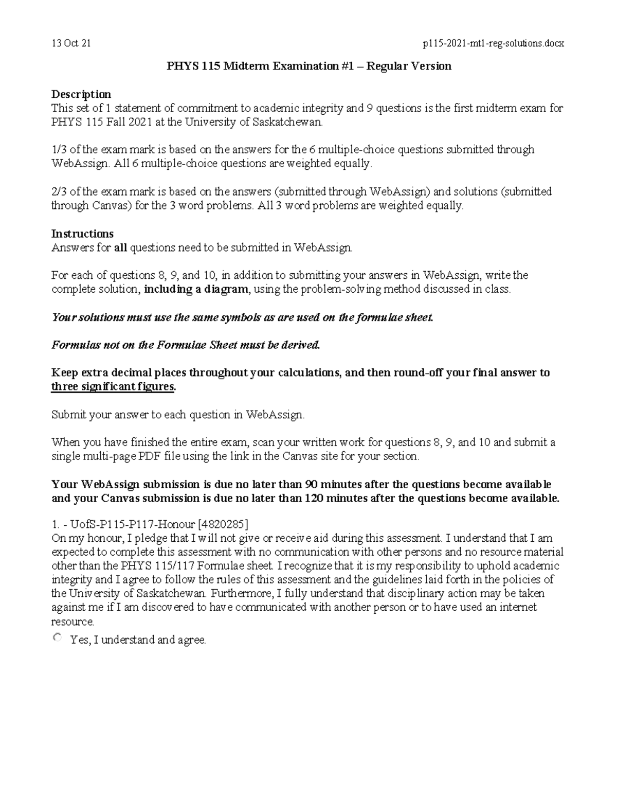 P115-2021-MT1-Reg-Solutions - Copy - PHYS 115 Midterm Examination #1 ...