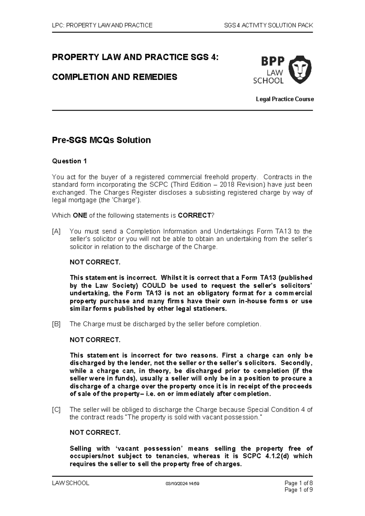 Property SGS 4 Solution Pack 2425 - LPC: PROPERTY LAW AND PRACTICE SGS ...