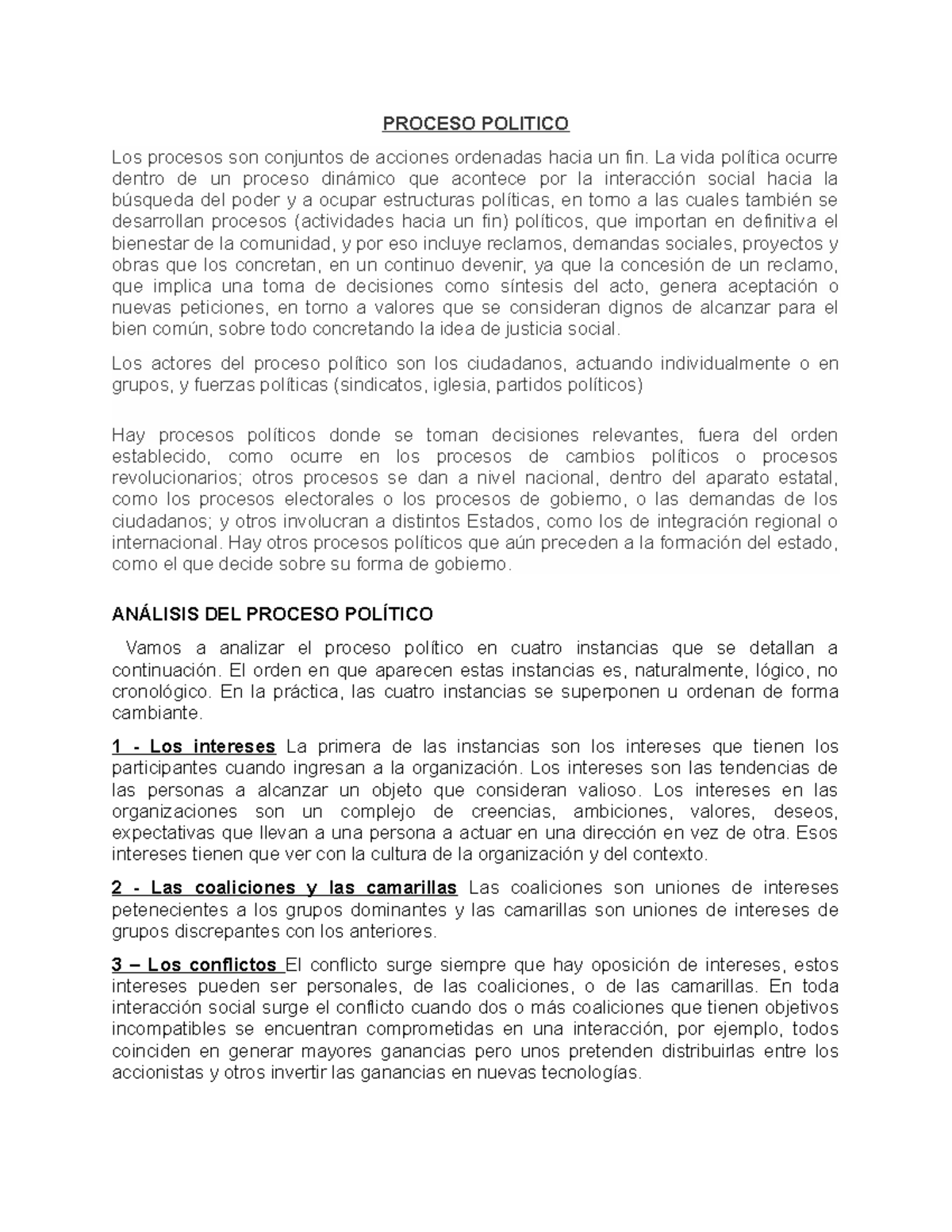 Resumen Proceso Politico - PROCESO POLITICO Los procesos son conjuntos ...