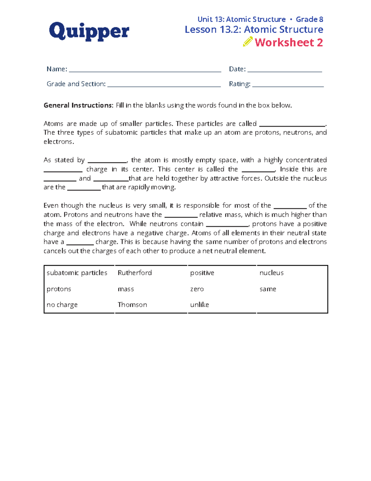 Science-8-13 - lesson - Unit 13: Atomic Structure • Grade 8 Lesson 13 ...