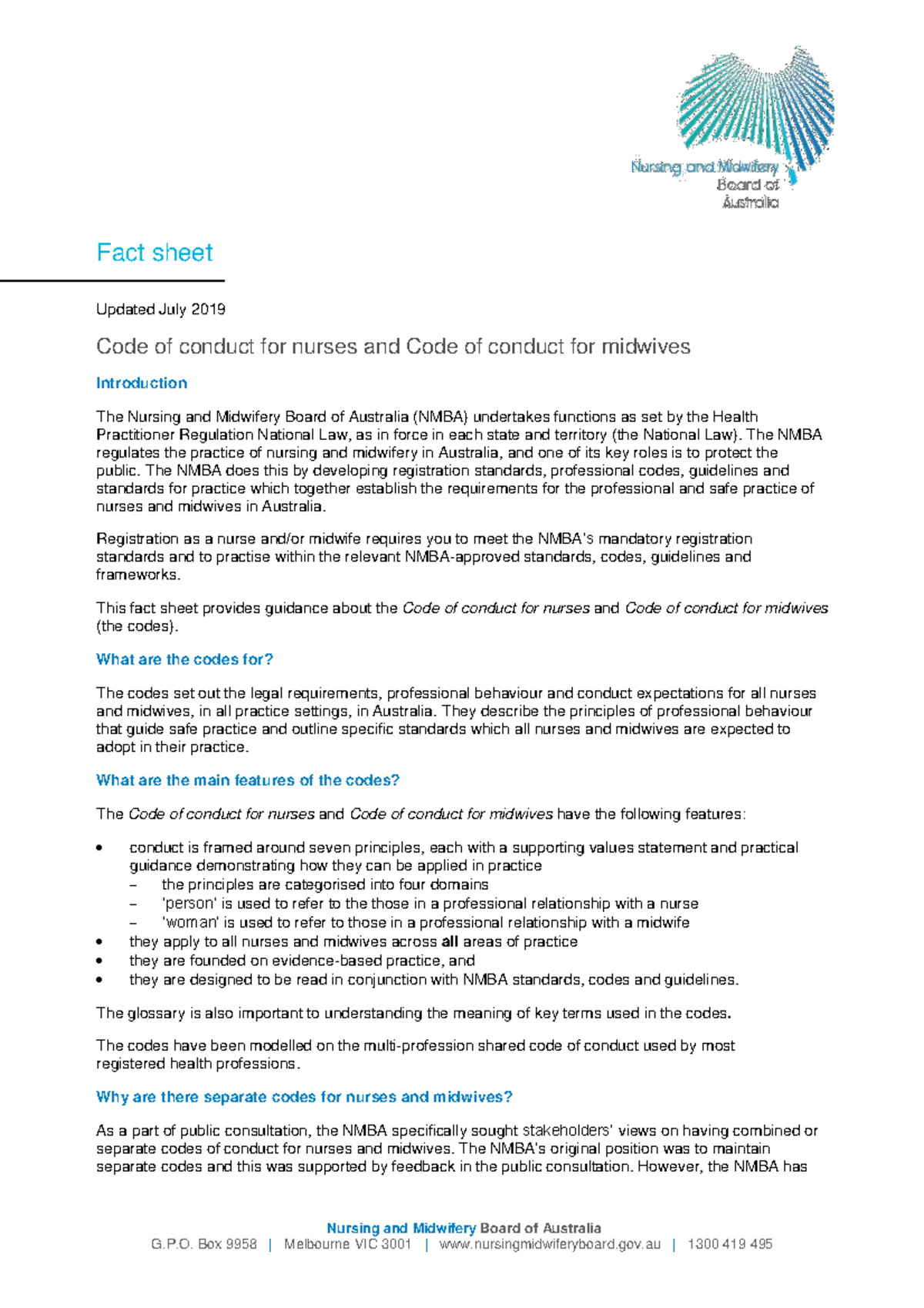 NMBA Fact sheet Code of conduct for nurses and Code of conduct for midwives March 2018 - Nursing ...