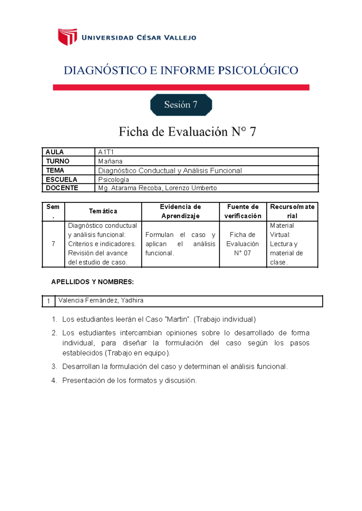 Ficha DE Evaluación -DIAG-INFO - Sesión 7 - 2024-1.docx - AULA A1T TURNO Mañana TEMA Diagnóstico ...
