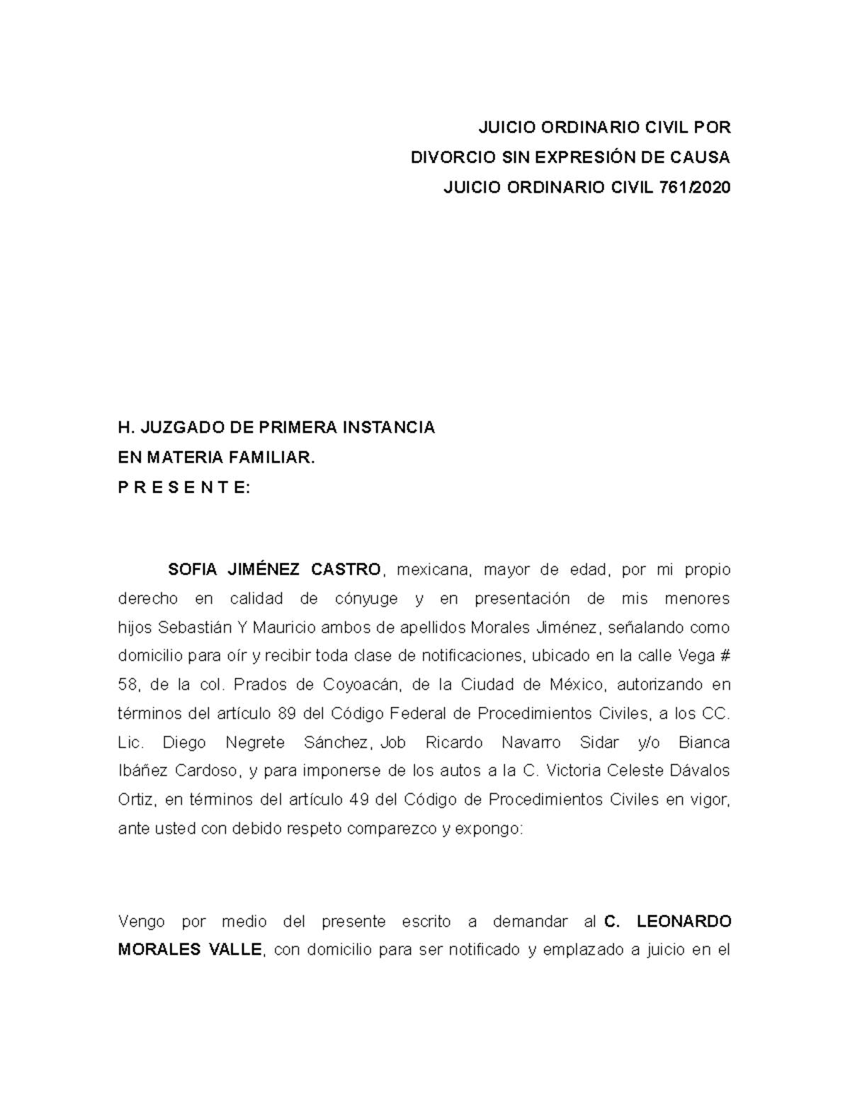U2 Ejemplo Demanda - derecho - JUICIO ORDINARIO CIVIL POR DIVORCIO SIN ...