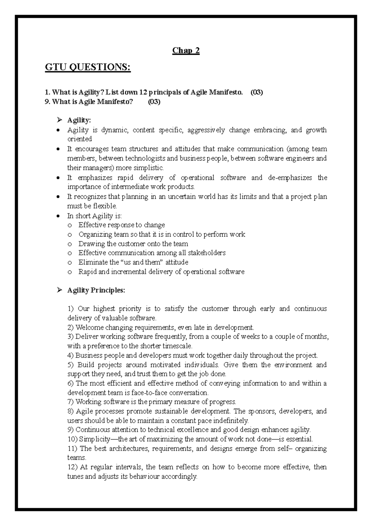 SE Chap 2 - notes - Chap 2 GTU QUESTIONS: What is Agility? List down 12 ...