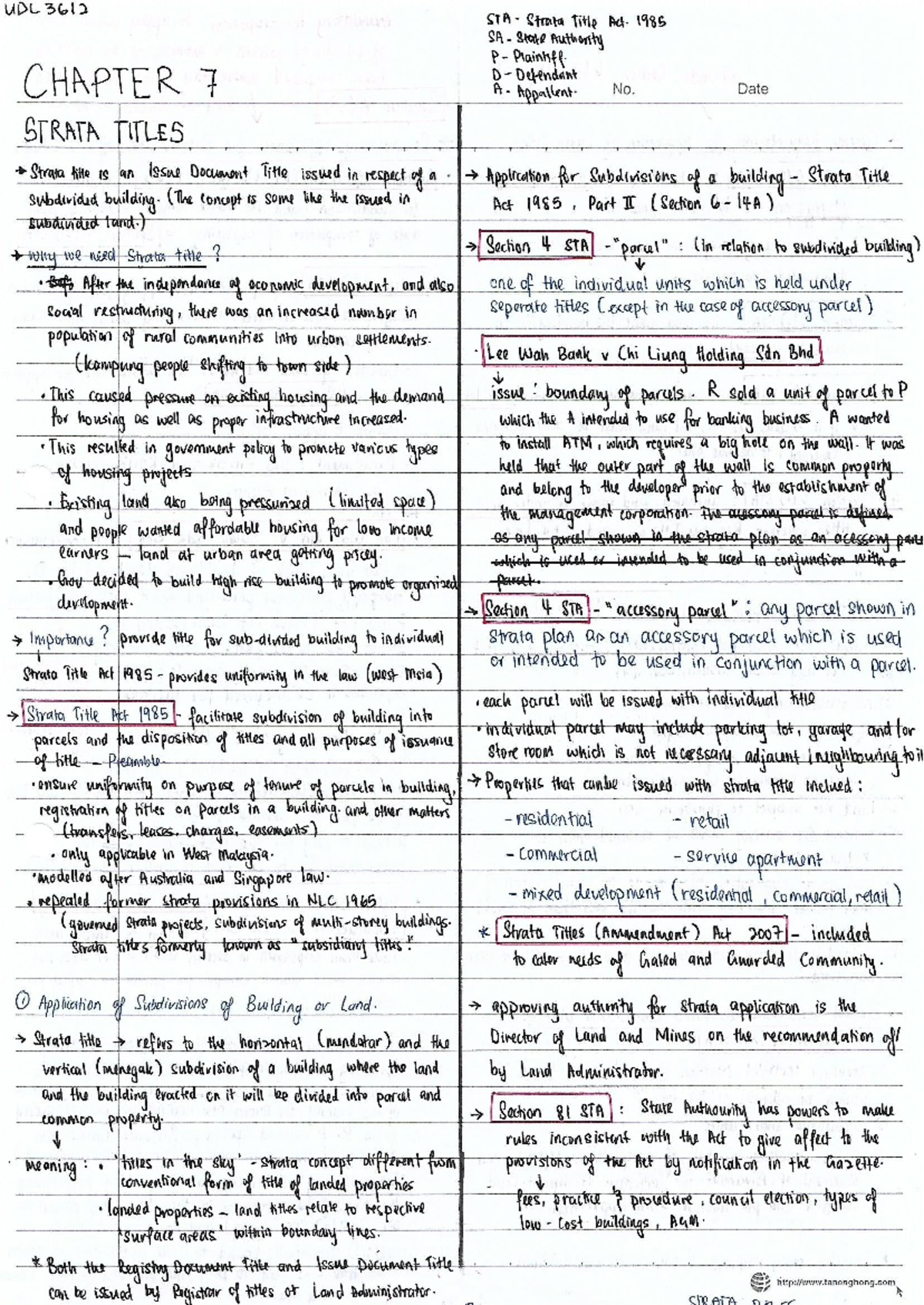 C7-Strata Title notes - UDL 3612 STA Strata title Act. 1985 SA State ...