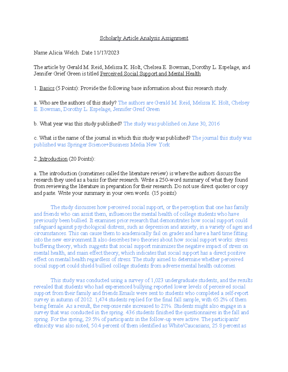 Scholarly Article Analysis Assignment - Reid, Melissa K. Holt, Chelsea E. Bowman, Dorothy L ...