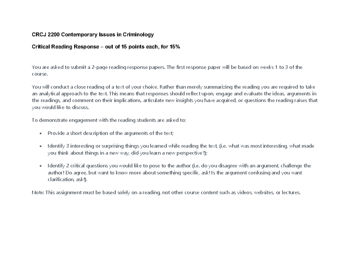 CRCJ 2200 Critical Reading Response Rubric -2-1 July 2 2021 - CRCJ 2200 ...