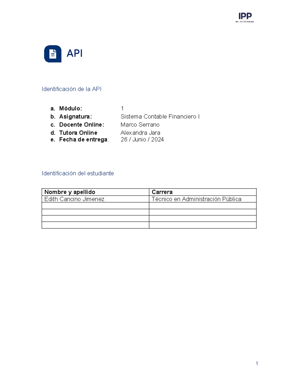 Formatos API 1 sistema contable financiero - API Identificación de la ...