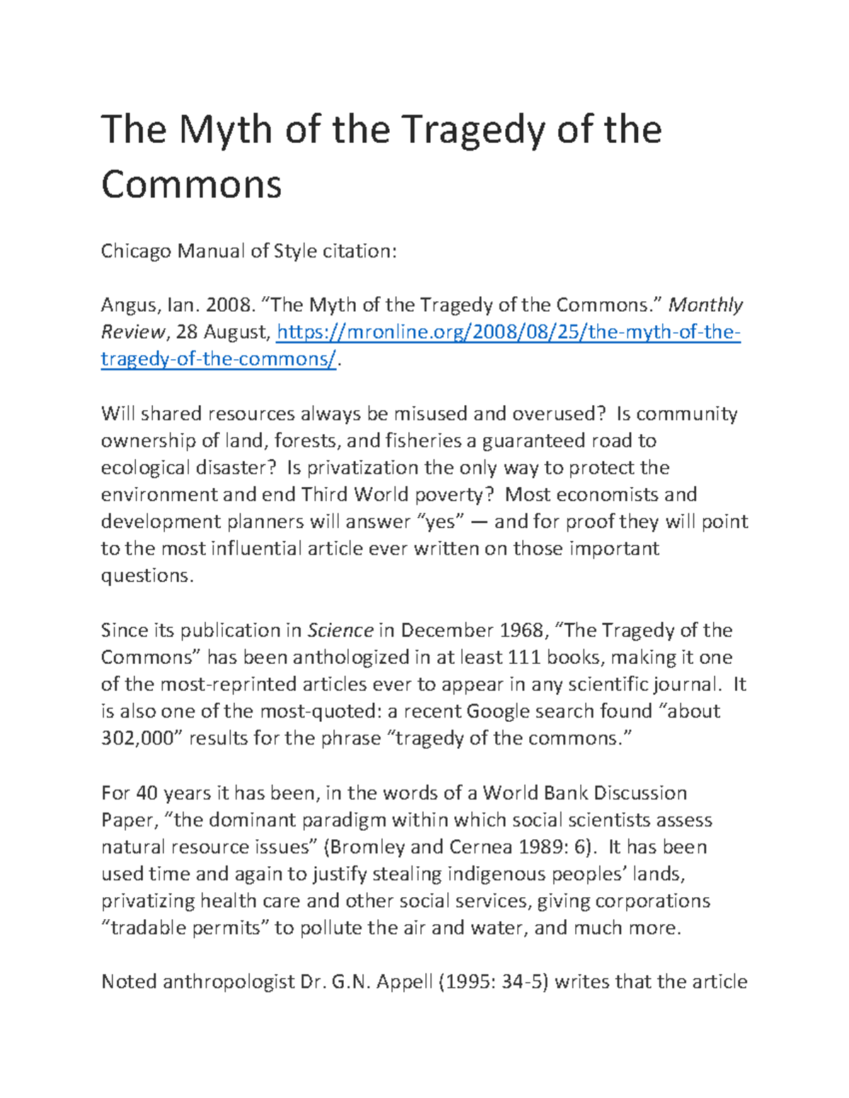The Myth of the Tragedy of the Commons Ian Angus - The Myth of the ...