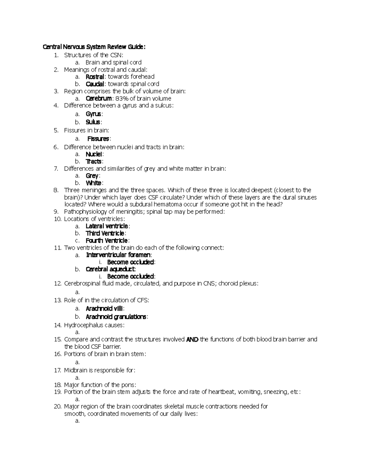 Anatomy last study guide - Central Nervous System Review Guide ...