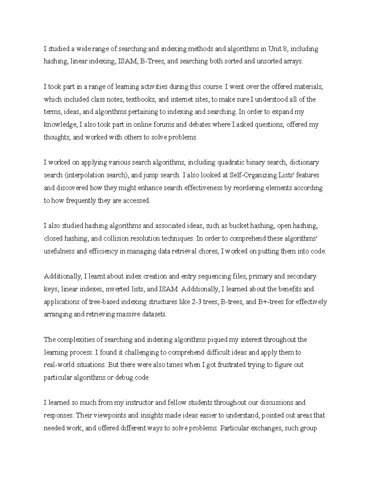 Learning Journal 8 - I studied a wide range of searching and indexing methods and algorithms in ...