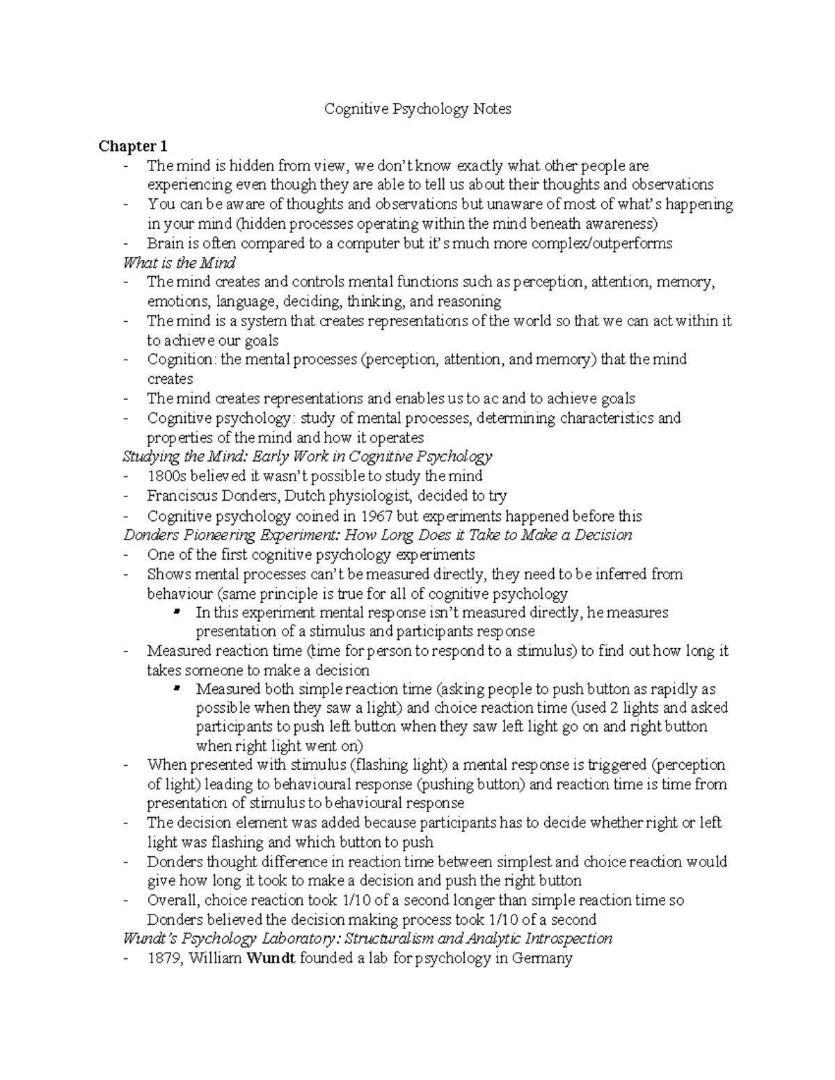 Cognitive Psychology Notes - Cognitive Psychology Notes Chapter 1 The ...