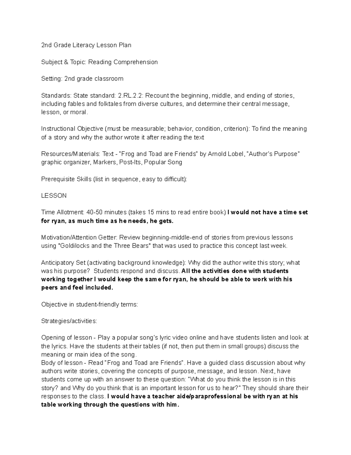 Ryan lesson plan - 2nd Grade Literacy Lesson Plan Subject & Topic ...