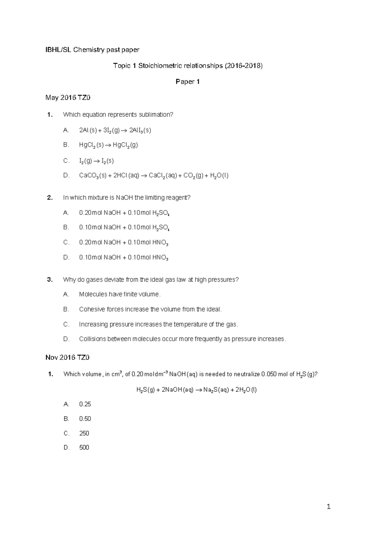 Topic 1 (2016-2018 ) - These are practice materials - 1 IBHL/SL ...