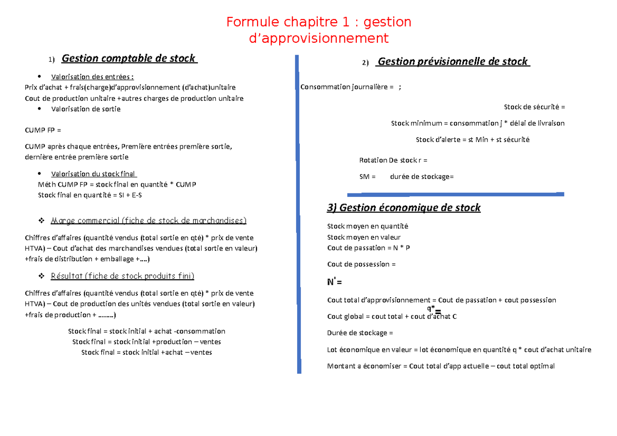 Formule chapitre 1 - Stock de sécurité = Stock minimum = consommation j ...