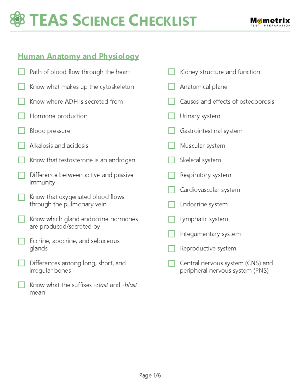 ATI TEAS 7 Checklist 1 - check off for TEAS7 - TEAS SCIENCE C HECKLIST ...