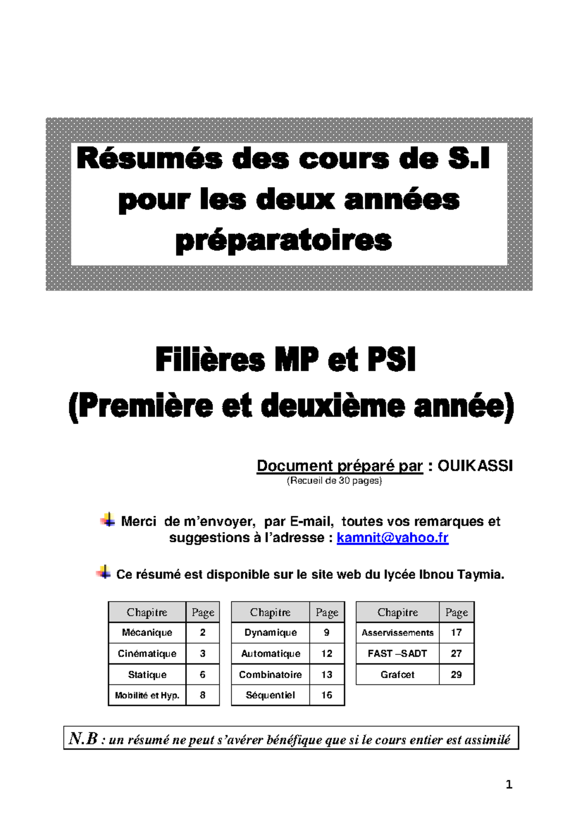 Résumé SI- sup spé - Document préparé par : OUIKASSI (Recueil de 30 ...