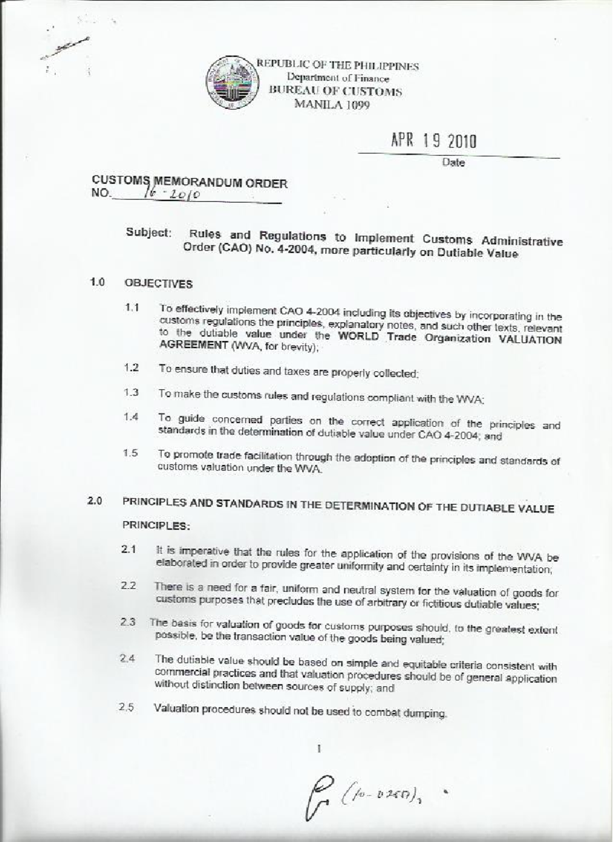 Customs Memorandom Order-16-2010 - BS Customs Administration - Studocu