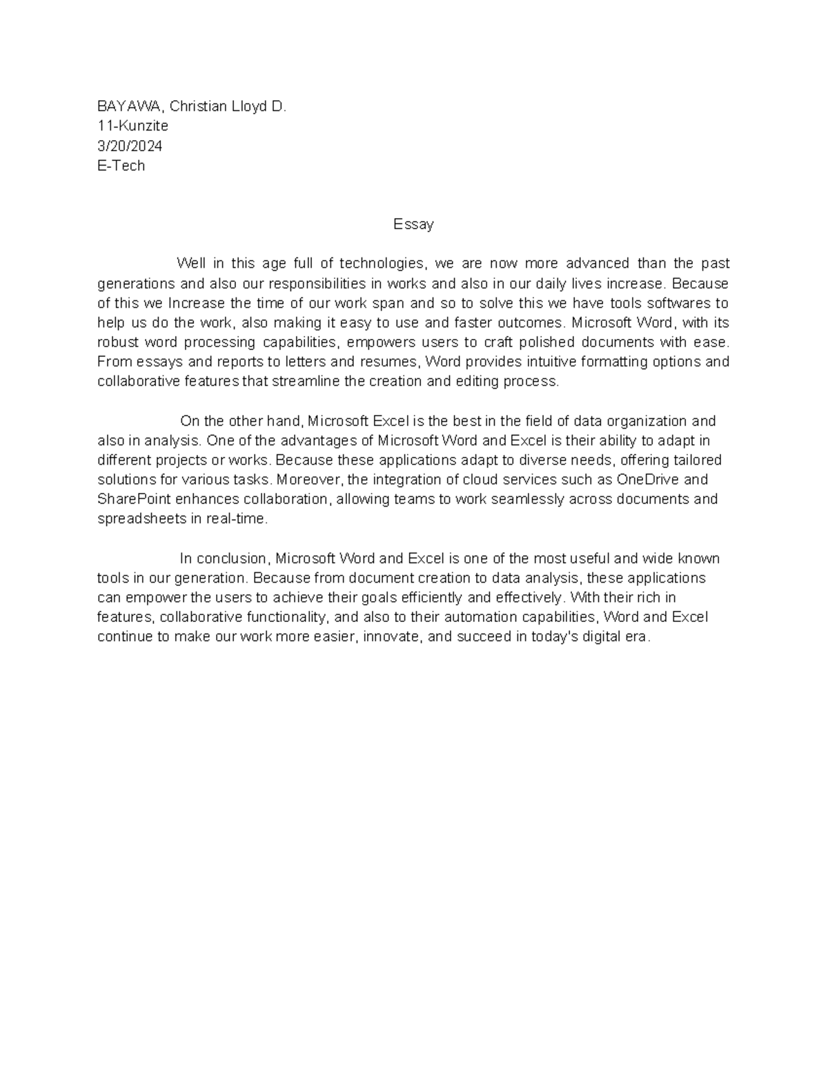 Bayawa Essay E-Tech 3 20 2024 - BAYAWA, Christian Lloyd D. 11-Kunzite 3/20/ E-Tech Essay Well in ...