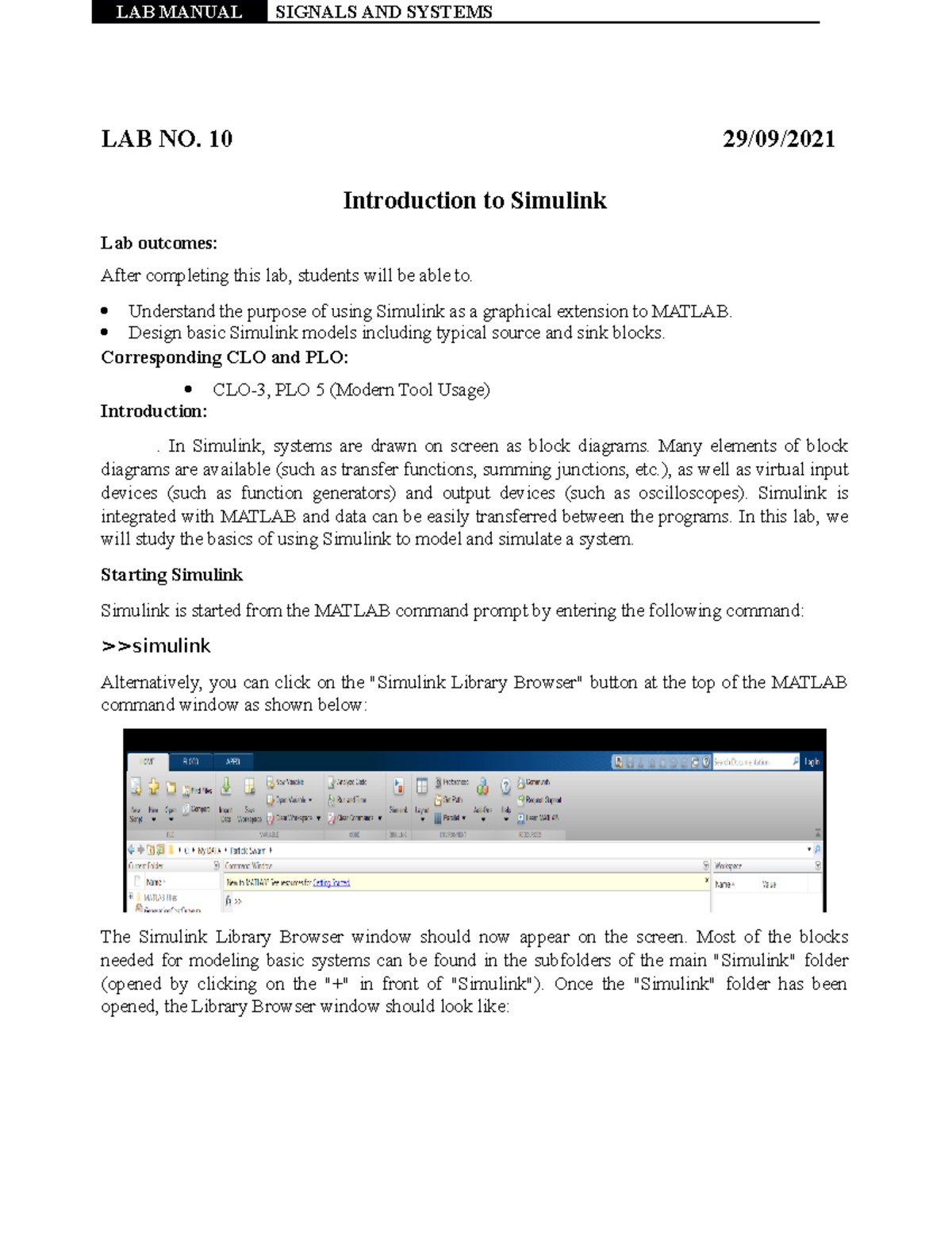 S&S Lab 10,11,12 - lab material - LAB NO. 10 29/09/ Introduction to Simulink Lab outcomes: After ...