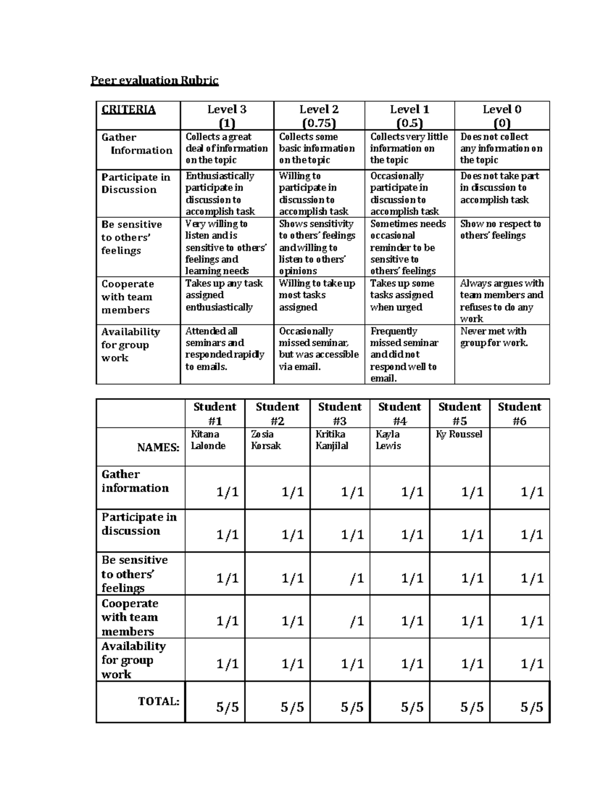Peer evaluation Rubric Ky Roussel - Peer evaluation Rubric CRITERIA ...