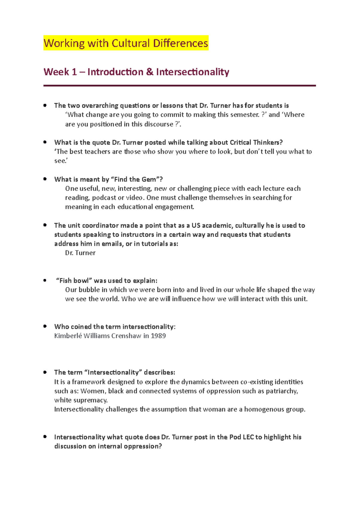 WEEK 1 &2, 3 Summary - lecture - Working with Cultural Differences Week ...