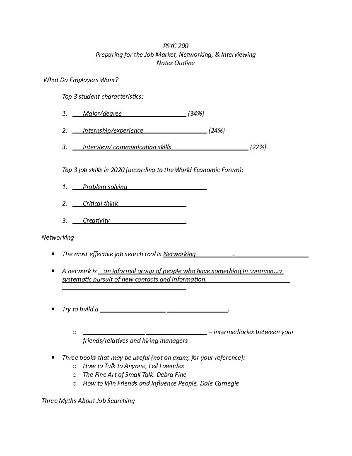 Preparing for the Job Market, Networking, and Interviewing - Notes ...