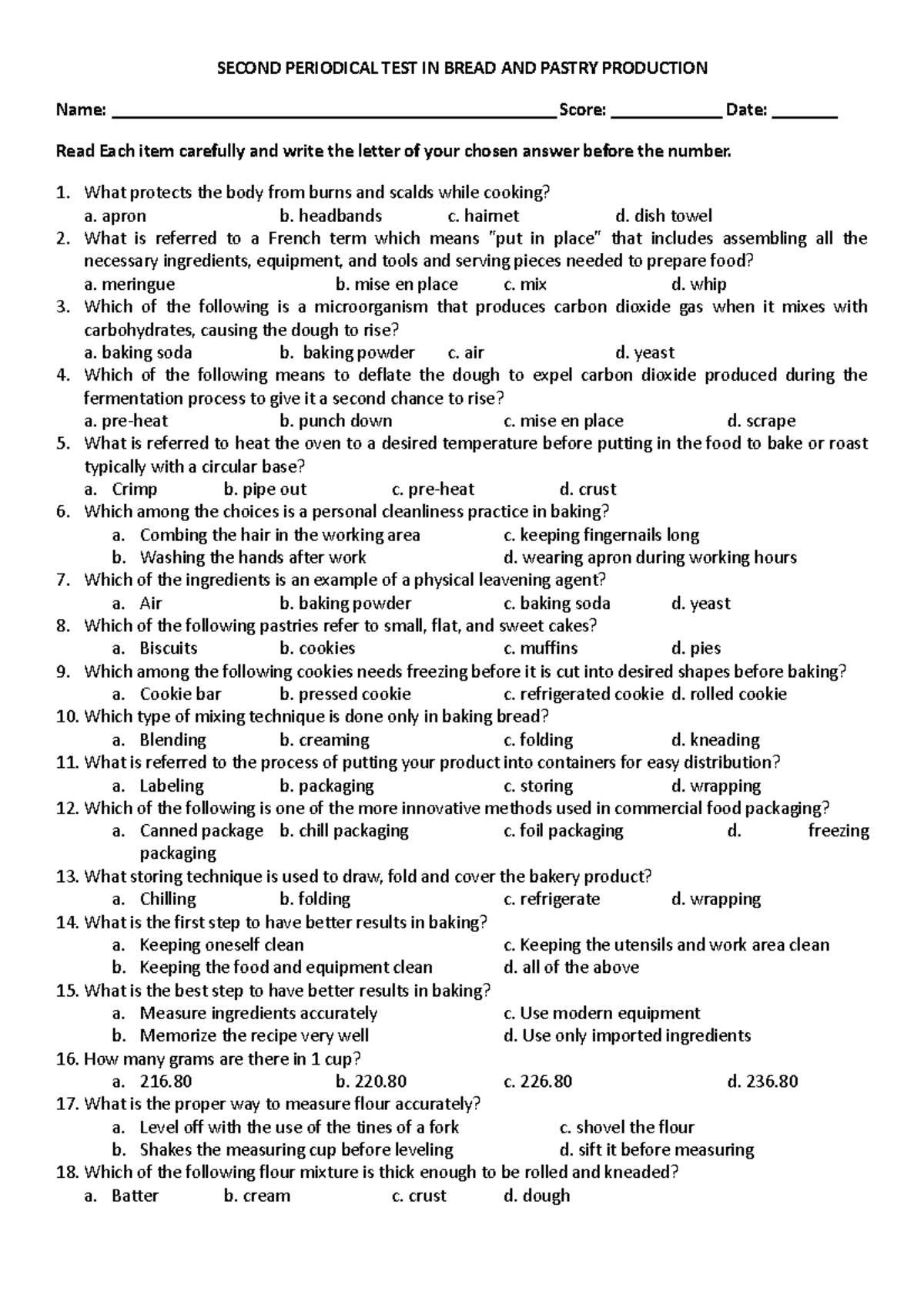 2ND PT - practice materials - SECOND PERIODICAL TEST IN BREAD AND ...