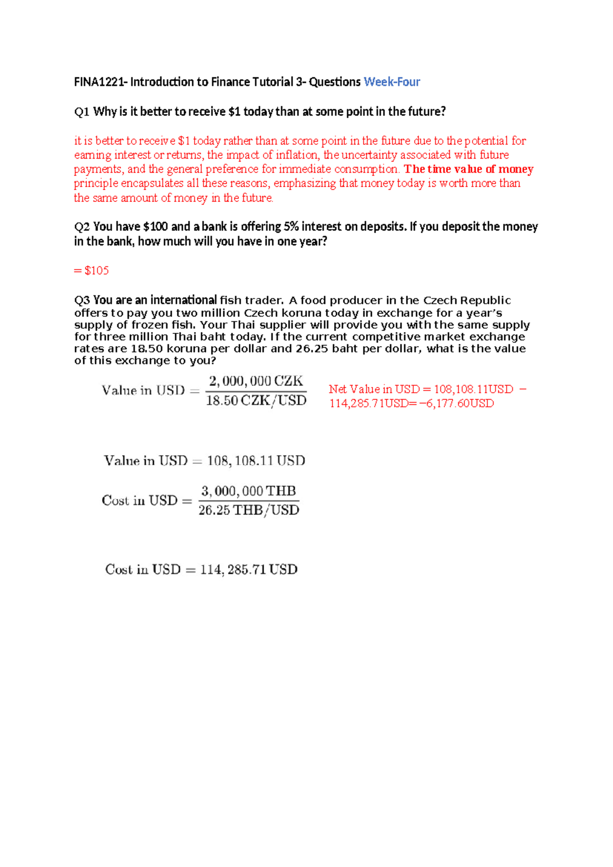 Tutorial 3 - FINA1221- Introduction to Finance Tutorial 3- Questions ...
