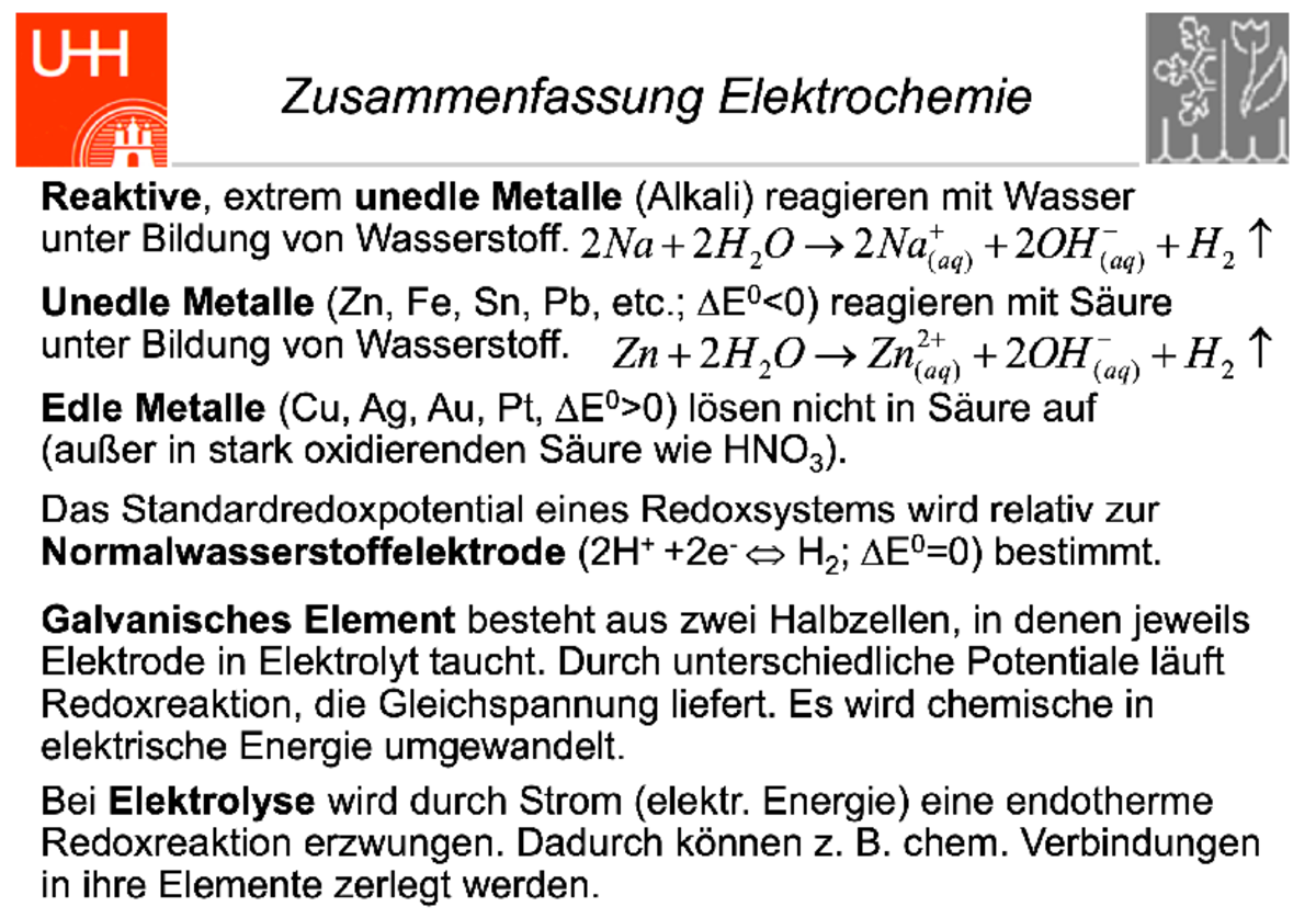 Zusammenfassung Elektrochemie - Chemie - Studocu