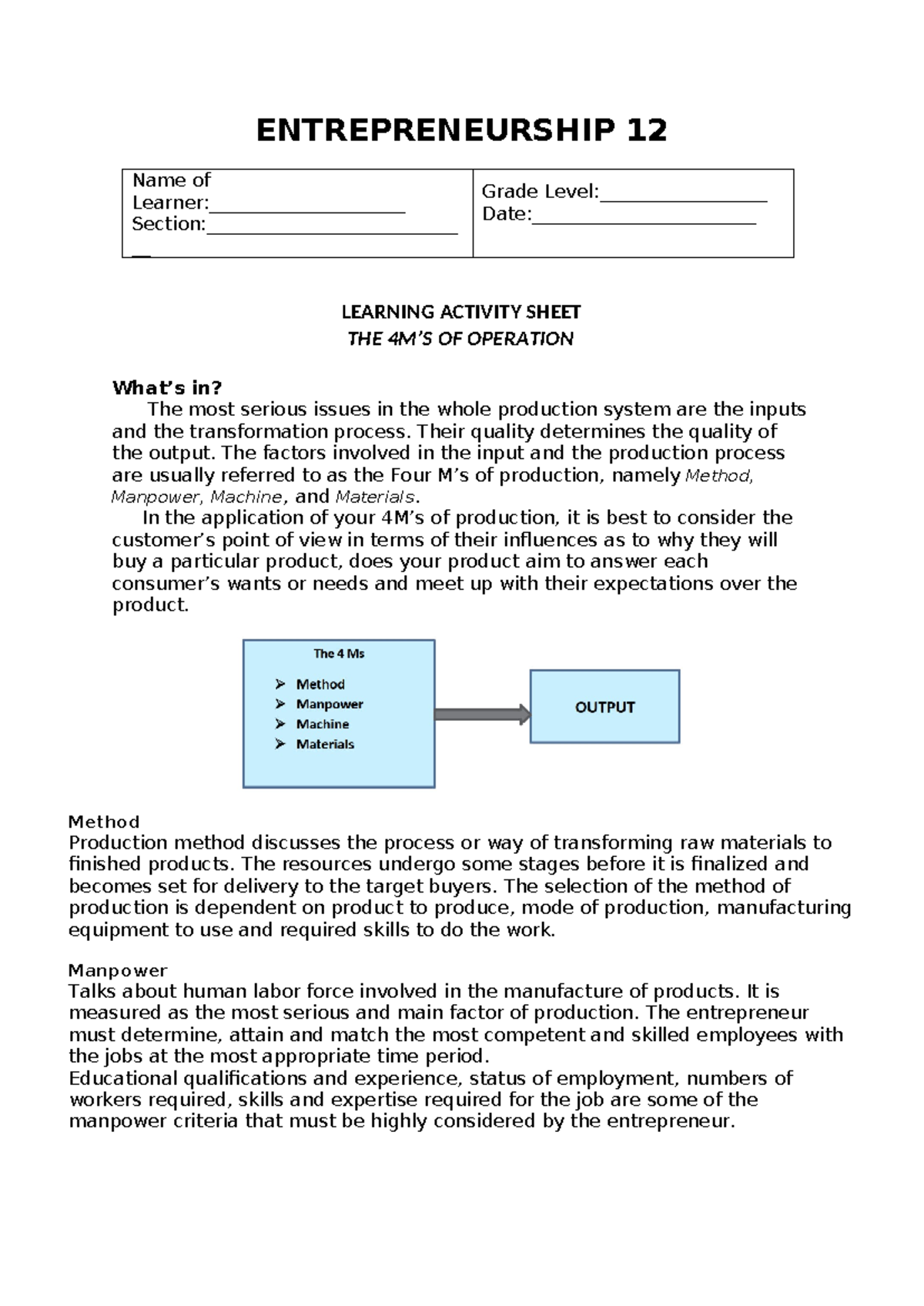 LAS- Entrep - ENTREPRENEURSHIP 12 Name of Learner ...