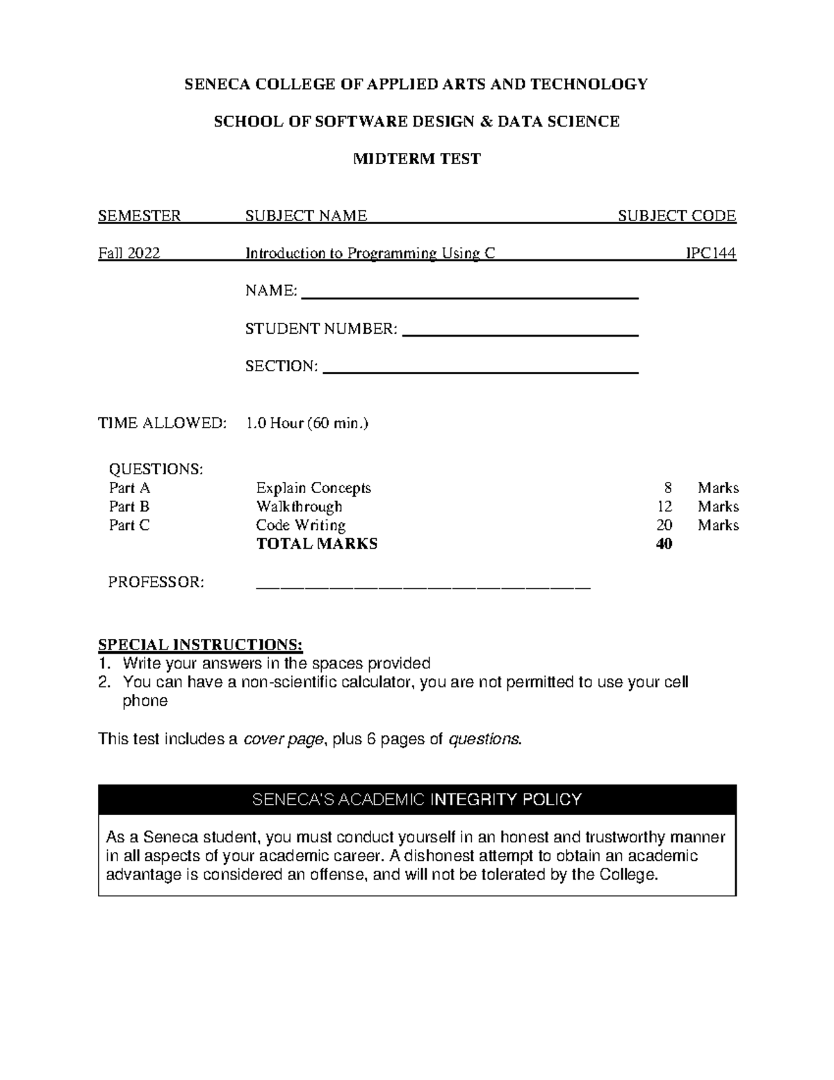 Sample IPC144 Midterm - SENECA COLLEGE OF APPLIED ARTS AND TECHNOLOGY ...
