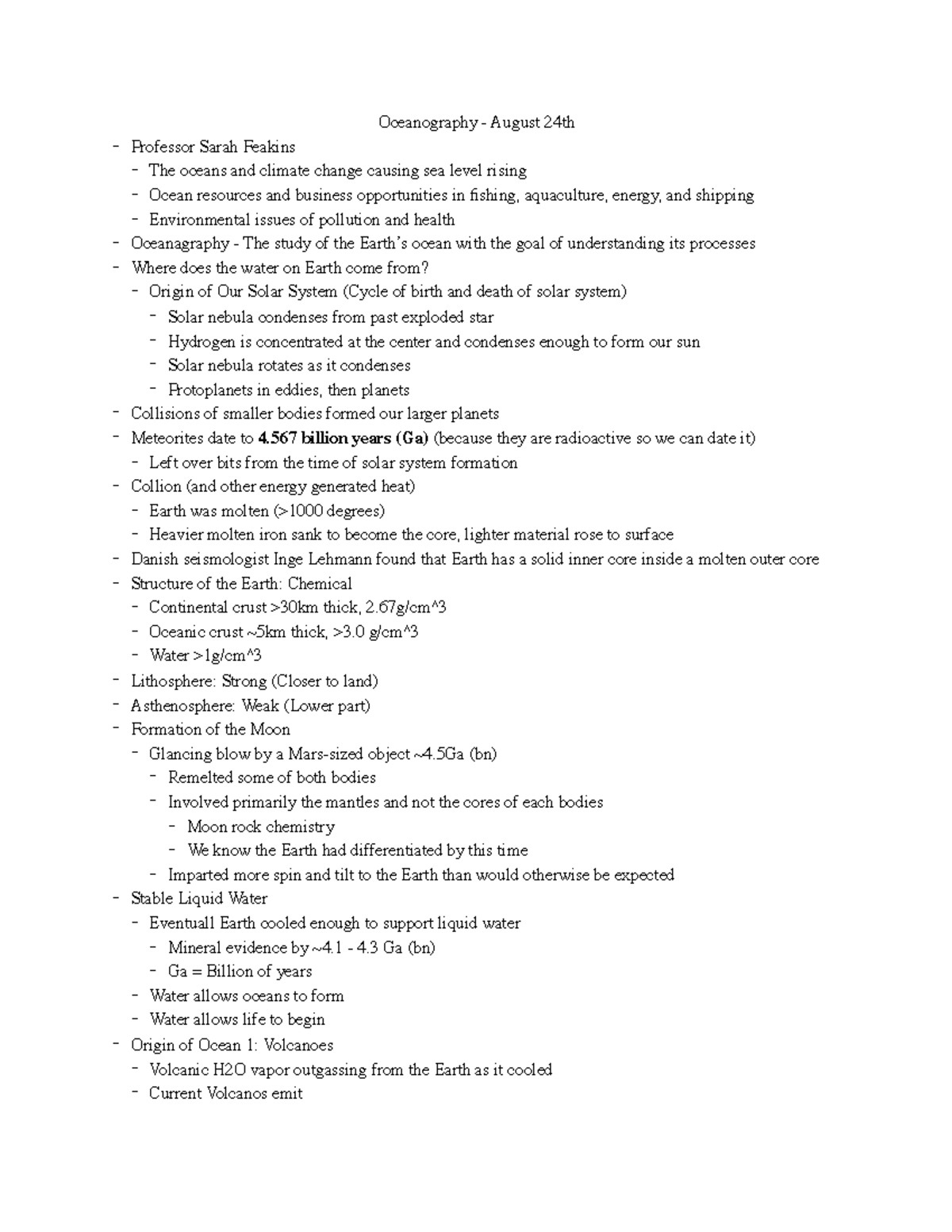 Oceanography - Aug 24 Lecture - Oceanography - August 24th - Professor ...