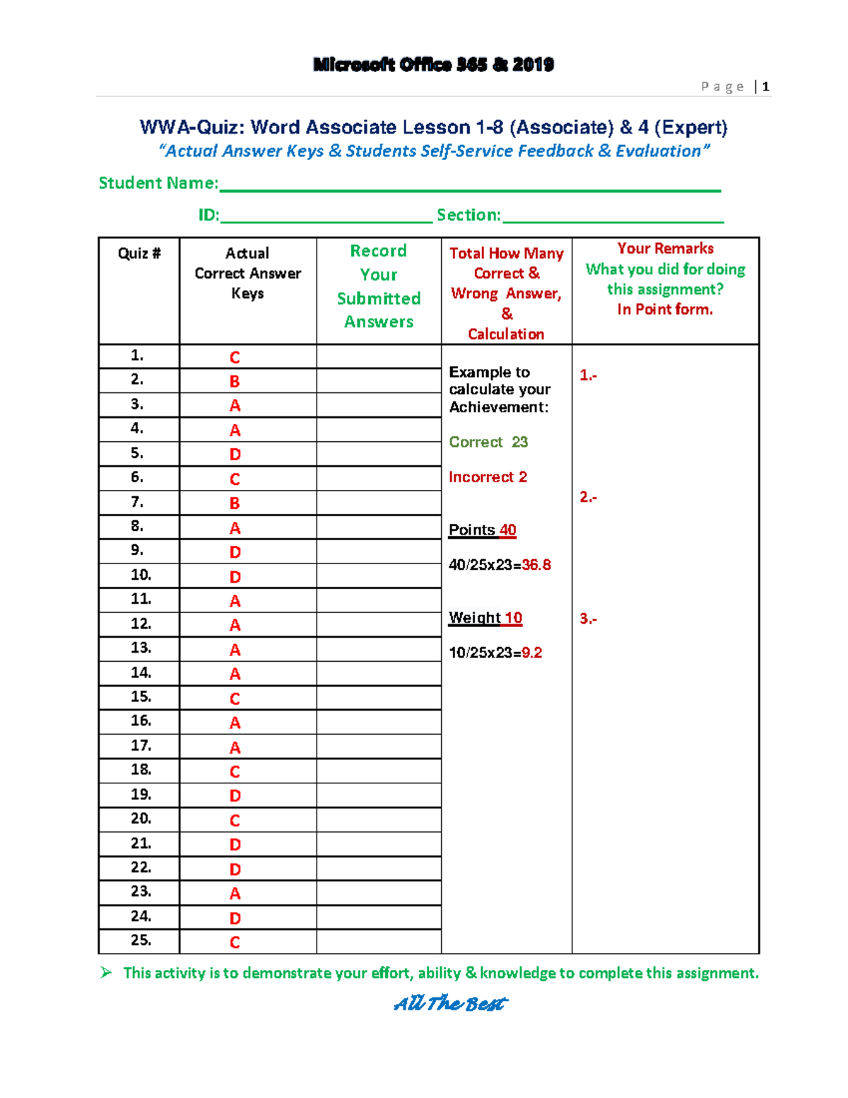 WWA Quiz Student Answer Keys Format Word Associate Lesson 1-8+4 - P a g ...